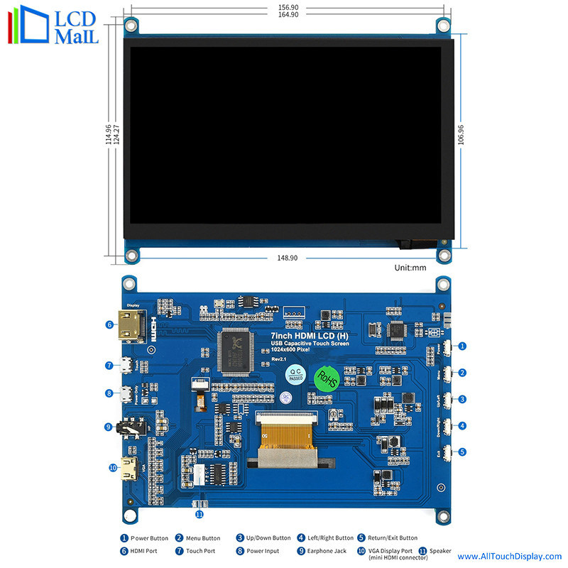 7 Inch HDMI TFT Display 1024*600 Dots HDM Interface 6 O'Clock Viewing